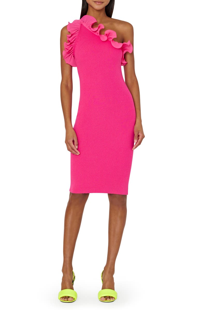 Milly Scallop Ruffle Mixed Media One-Shoulder Sweater Dress | Nordstrom