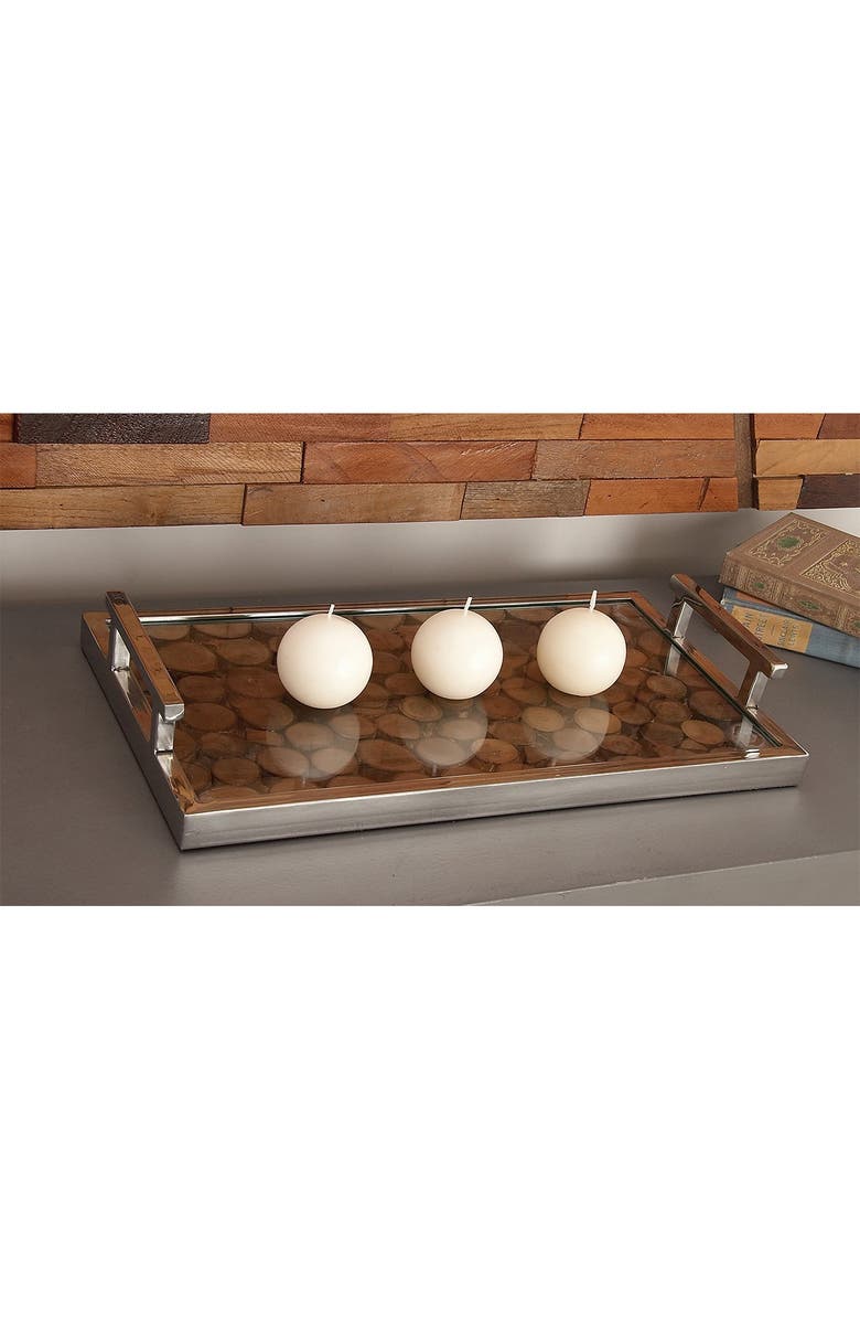 WILLOW ROW Rectangular Polished Metal Trays With Natural Wood Chunks ...