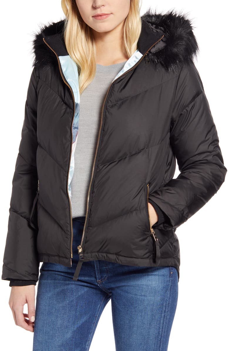 Ted Baker London Faux Fur Trim Down Puffer Jacket | Nordstrom