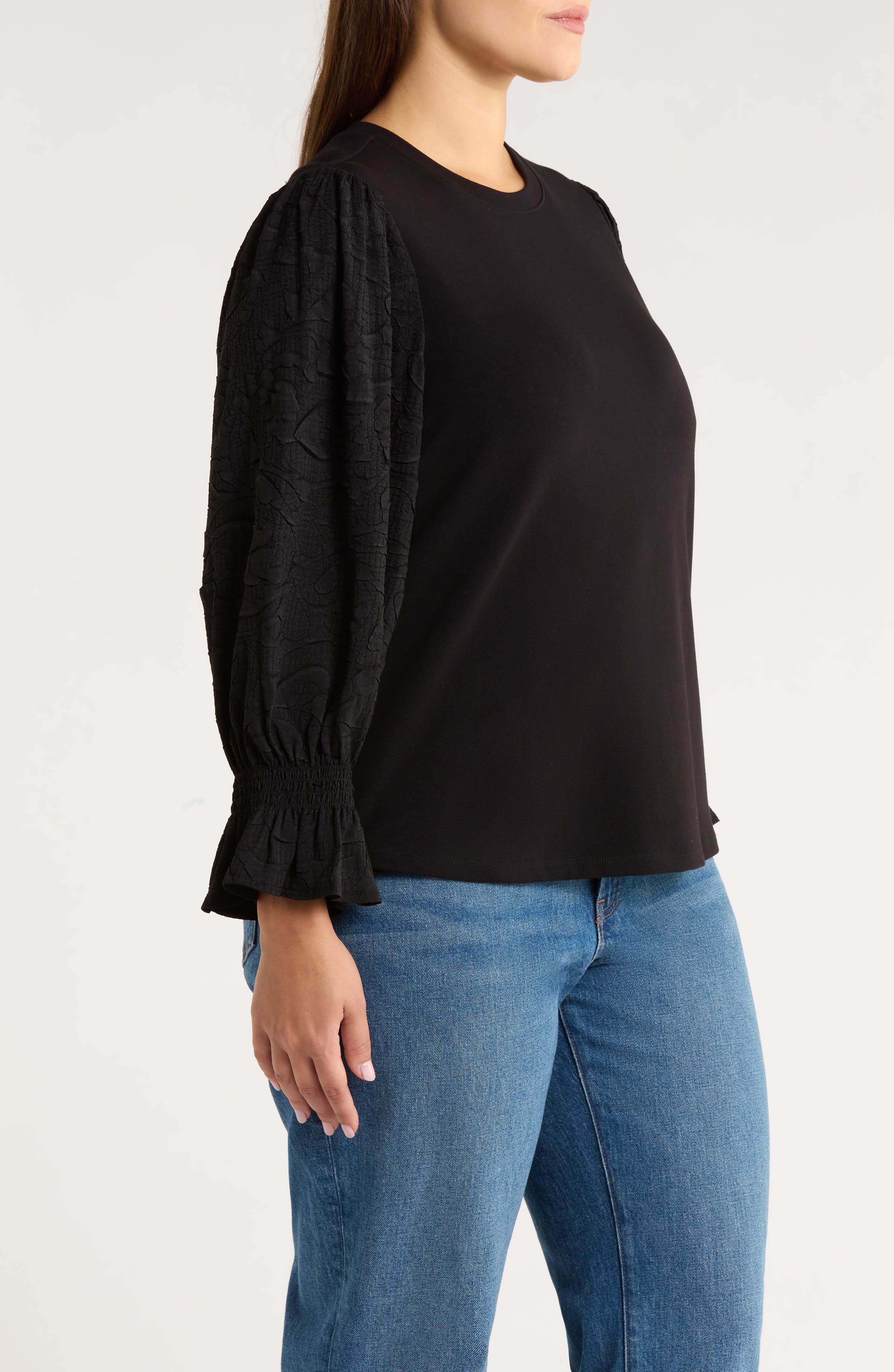Wit & Wisdom Mixed Media Smocked Sleeve Top | Nordstrom