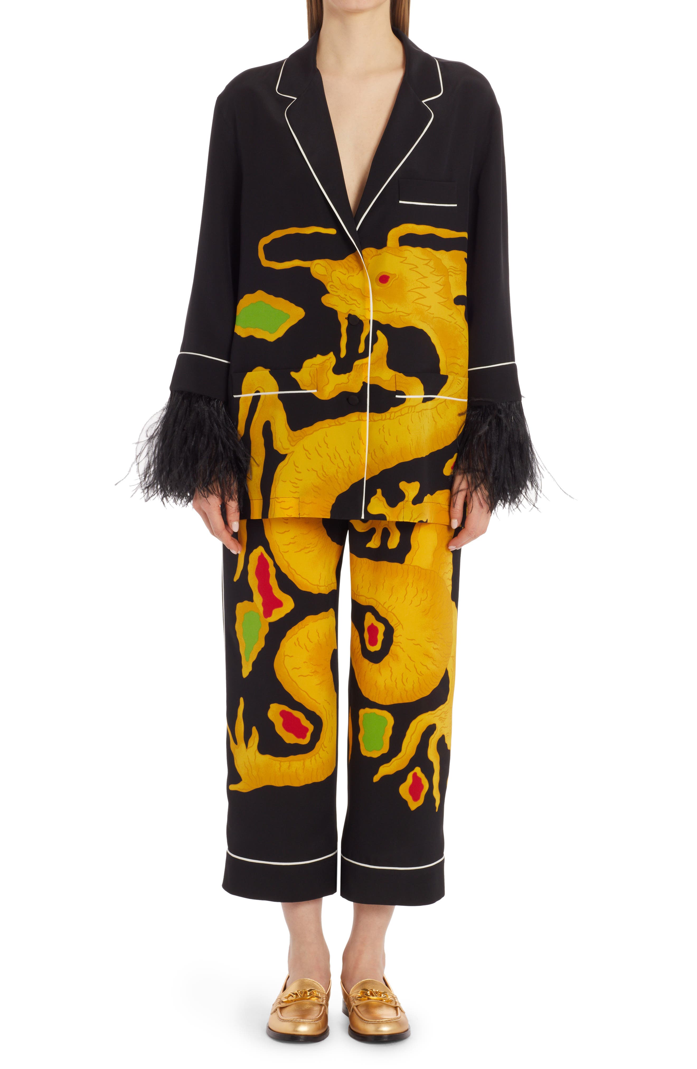 Valentino Garavani Dragon Print Feather Trim Silk Button-Up Shirt ...