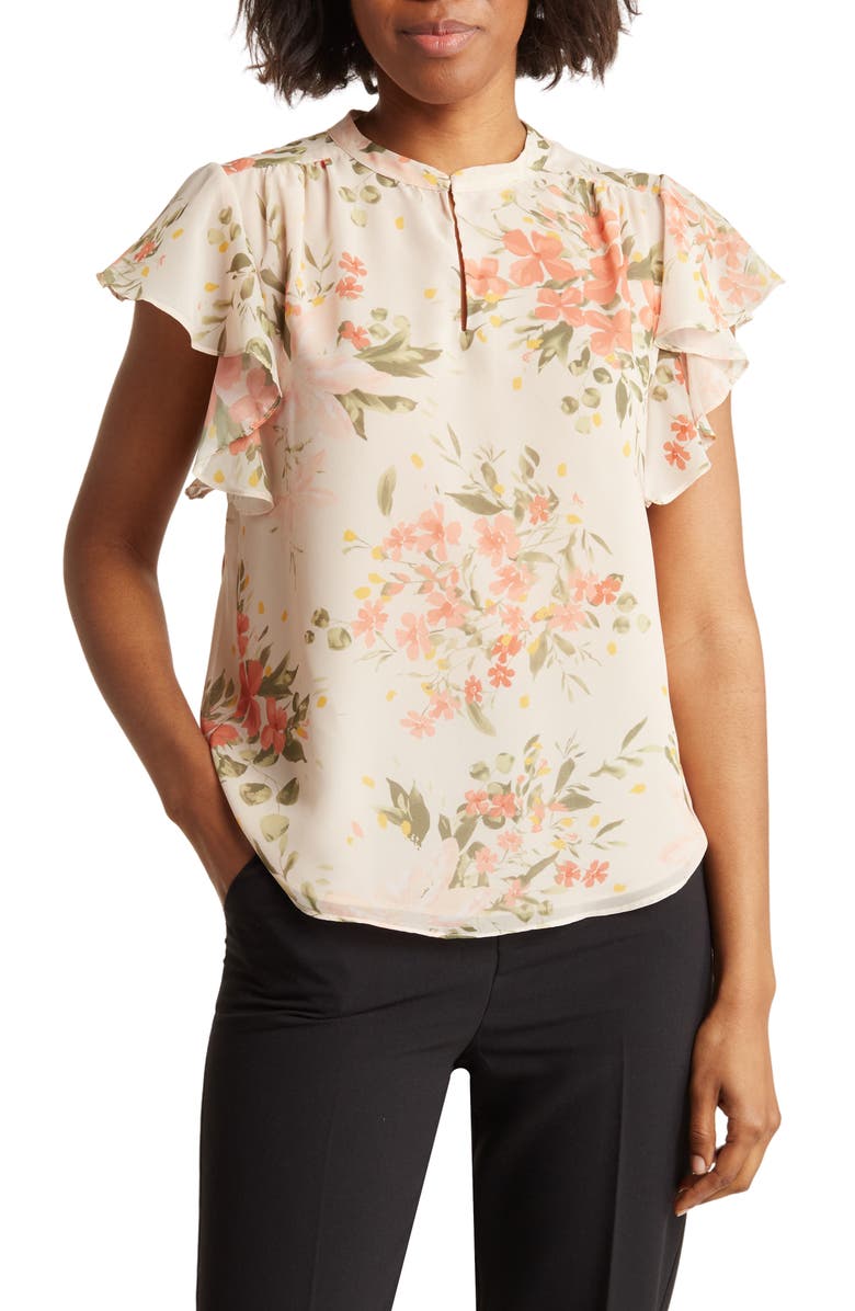 T Tahari Notched Neck Flutter Sleeve Floral Print Blouse | Nordstromrack