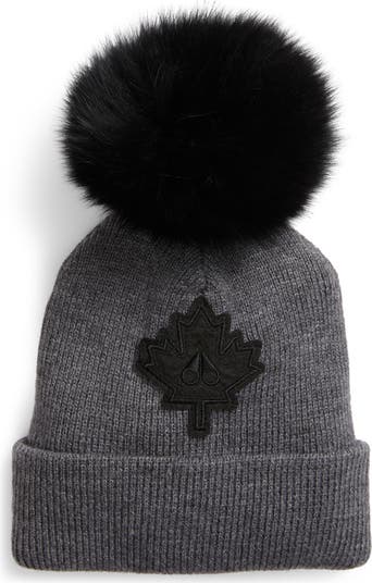 Moose Knuckles Maple Leaf Toque Hat with Removable Genuine Fox Fur Pom ...