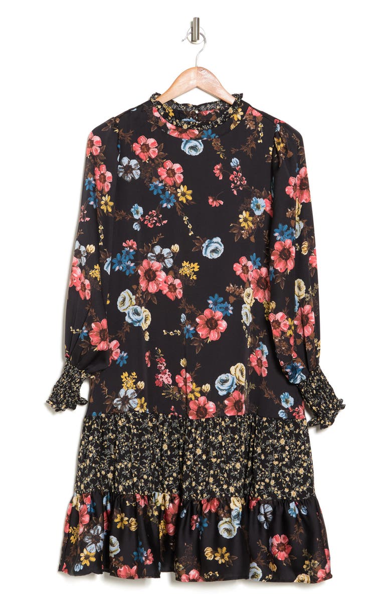 CODEXMODE Floral Long Sleeve Tiered Mixed Media Dress | Nordstromrack