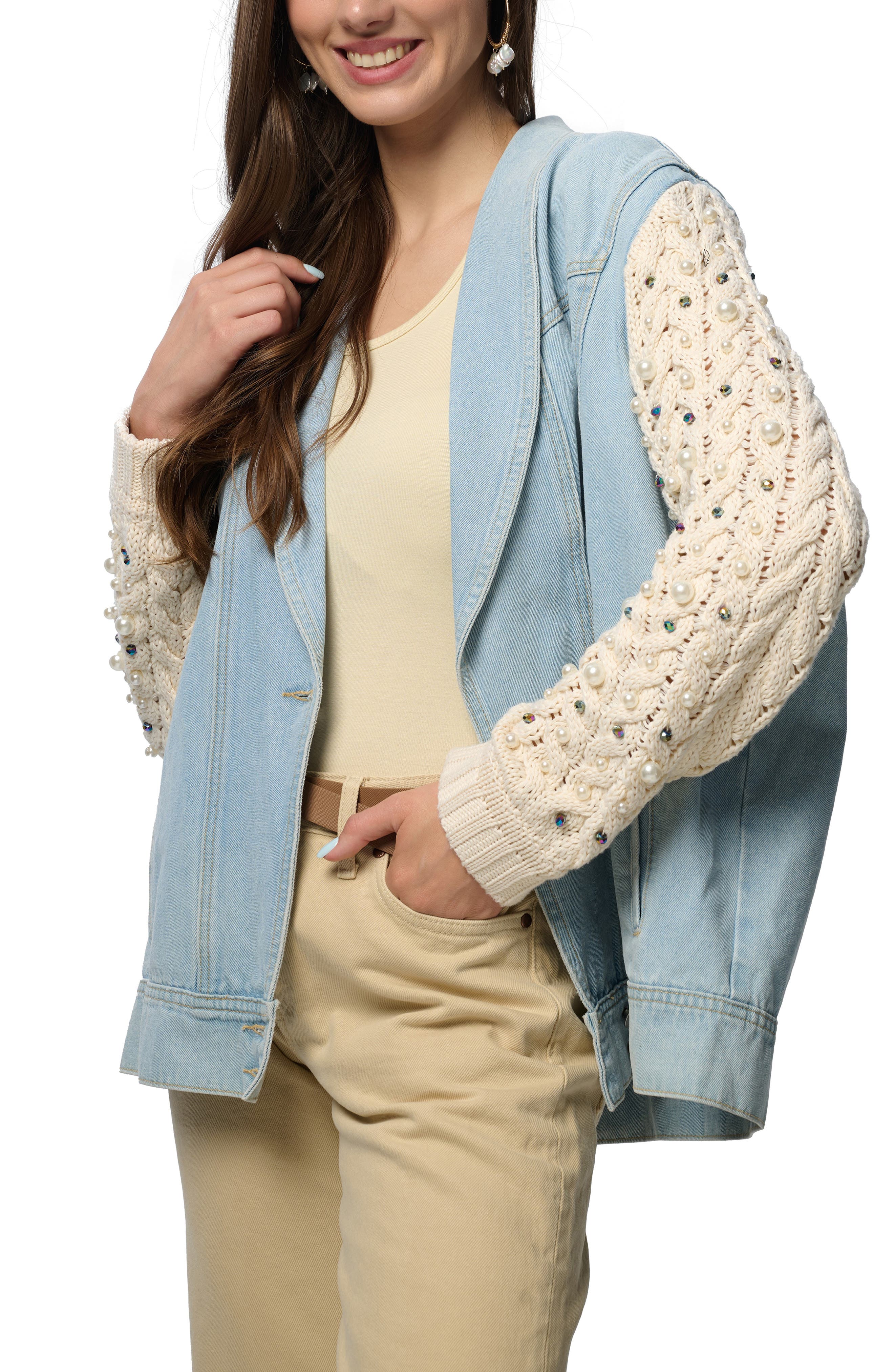 SAACHI Embellished Knit Sleeve Denim Jacket | Nordstromrack