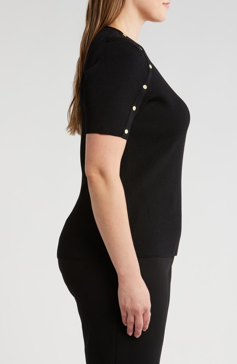 Anne Klein Rib Snap Trim Short Sleeve Crewneck Sweater | Nordstrom