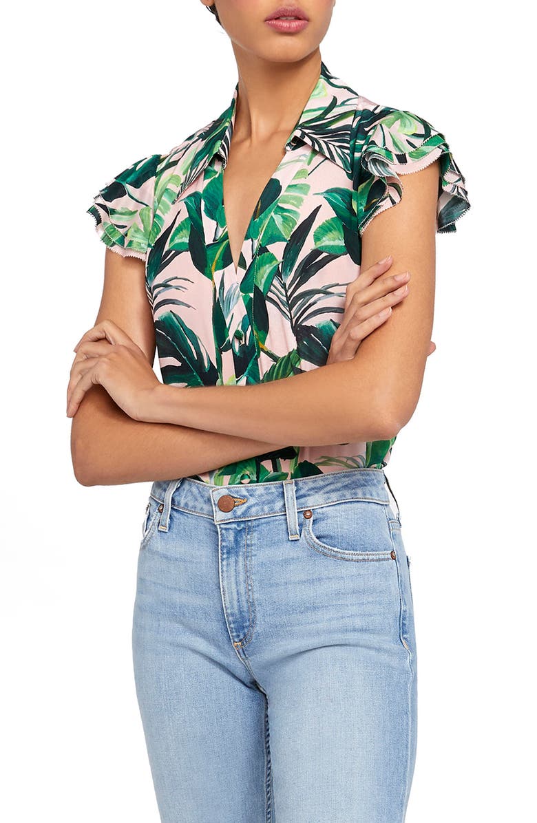 Alice + Olivia Randa Printed Ruffle Sleeve Silk Top | Nordstromrack