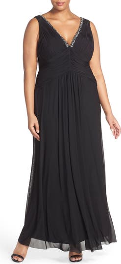 Marina Beaded V-Neck Pleat Mesh Gown | Nordstrom