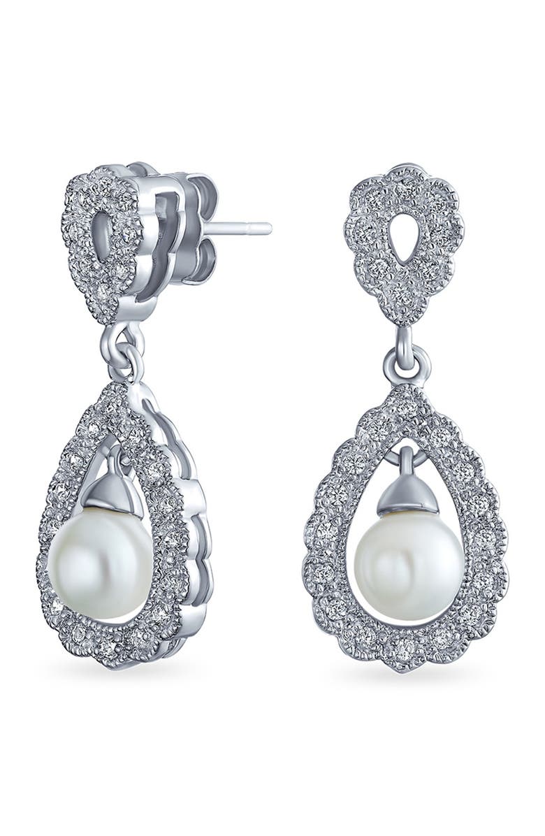 BLING JEWELRY Bridal Filigree CZ Teardrop & Simulated Pearl Dangle ...