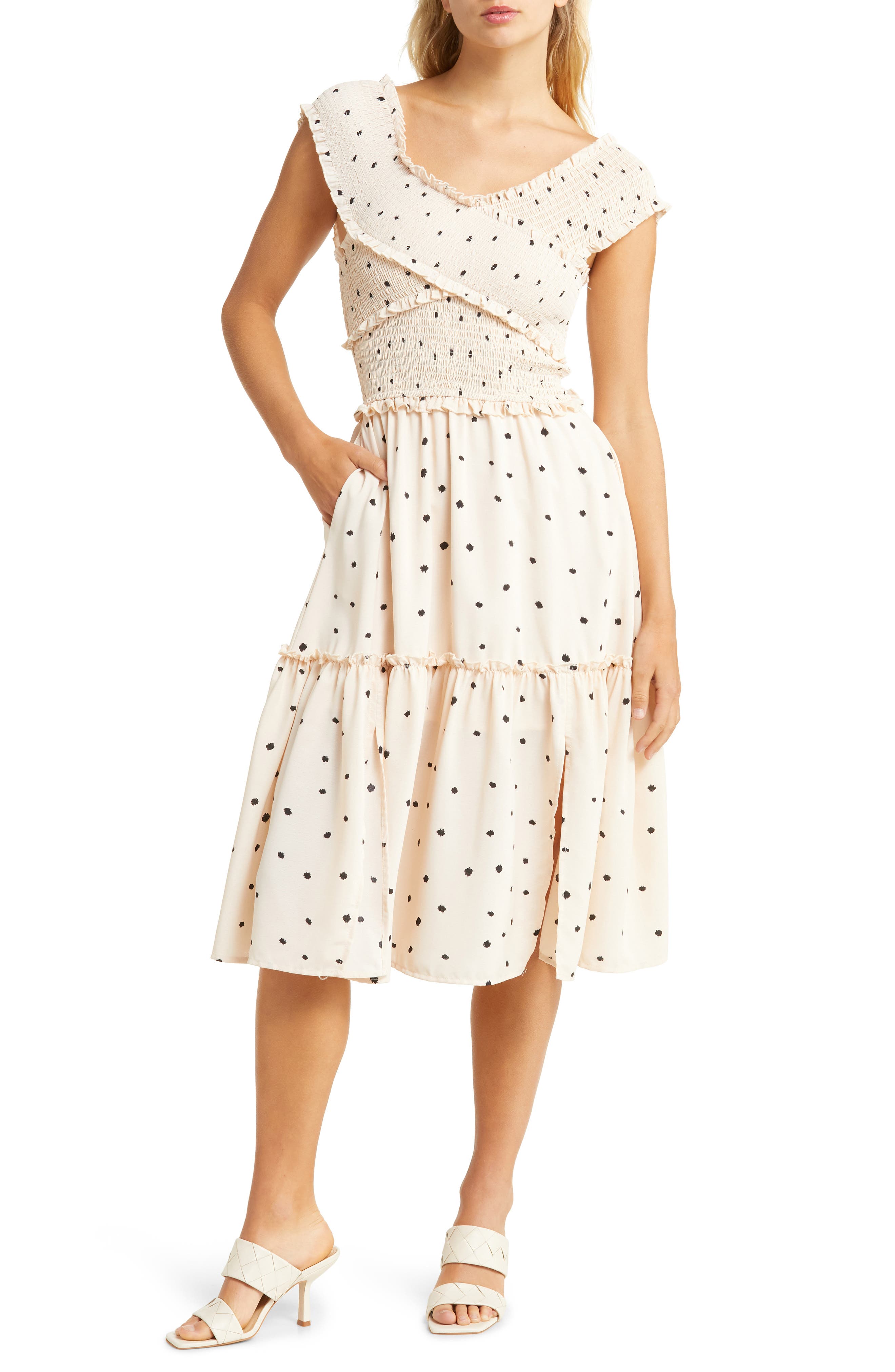 MELLODAY Dot Crossover Smocked Dress | Nordstromrack