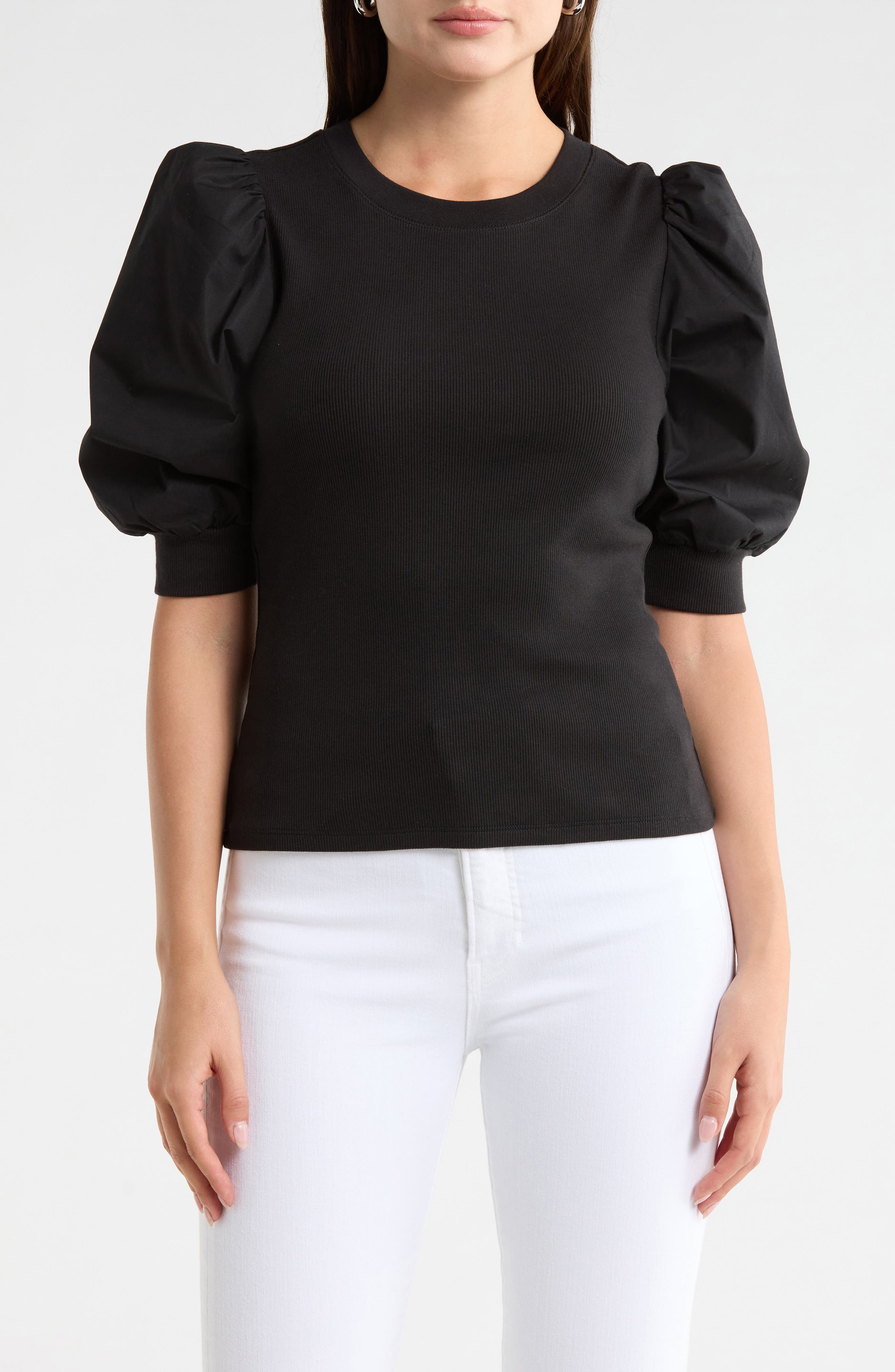 Veronica Beard Coralee Puff Shoulder Rib & Stretch Poplin Top ...