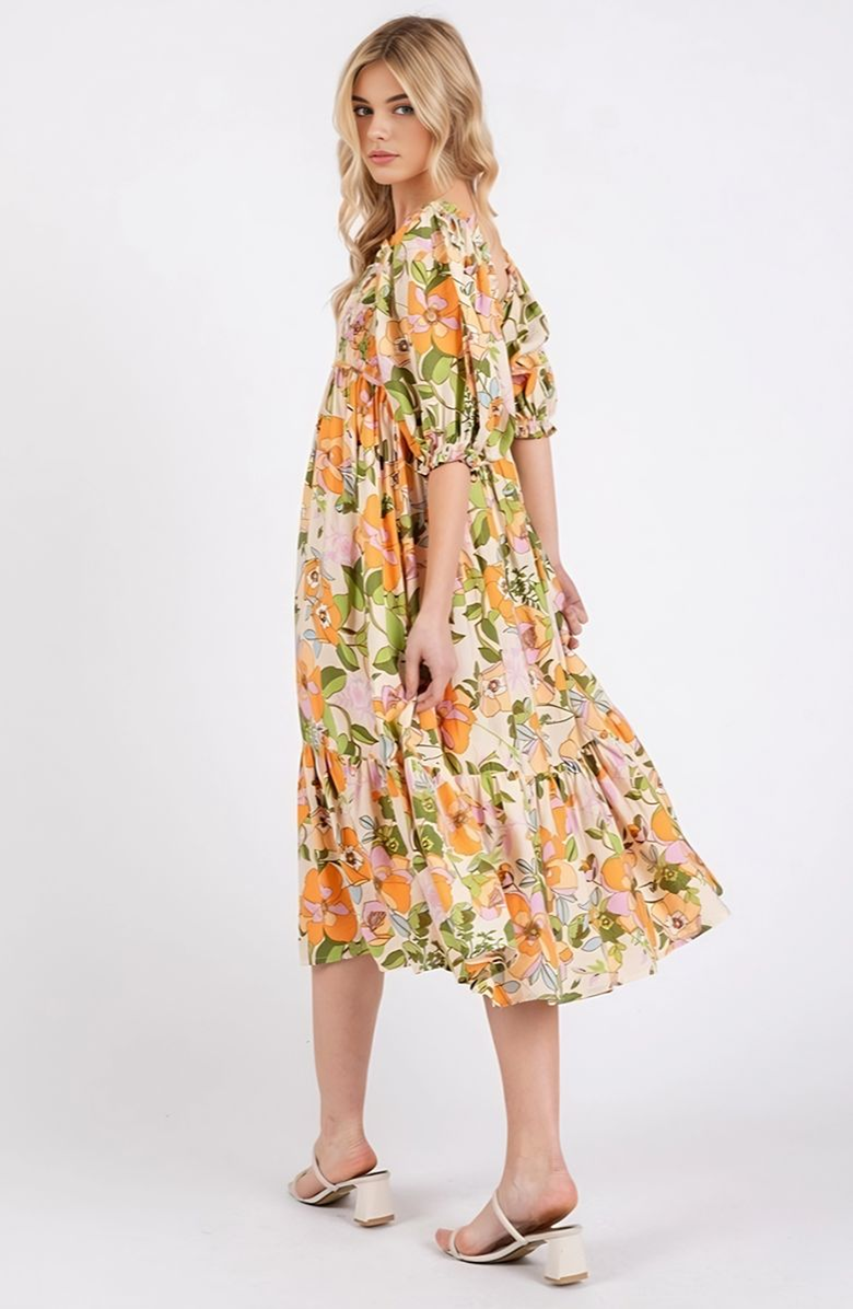 Knit and Lounge Smocked Floral Puff Sleeve Tiered Midi Dress | Nordstrom