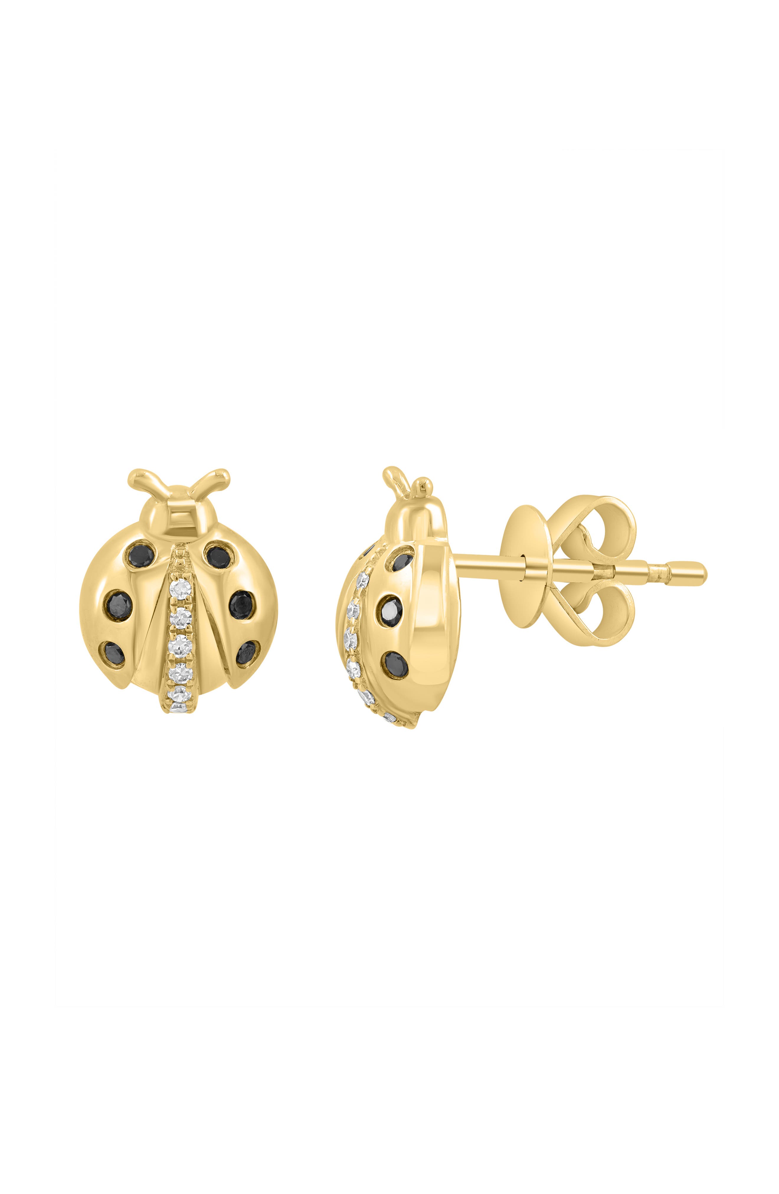 EFFY 14K Yellow Gold Black & White Diamond Ladybug Stud Earrings ...