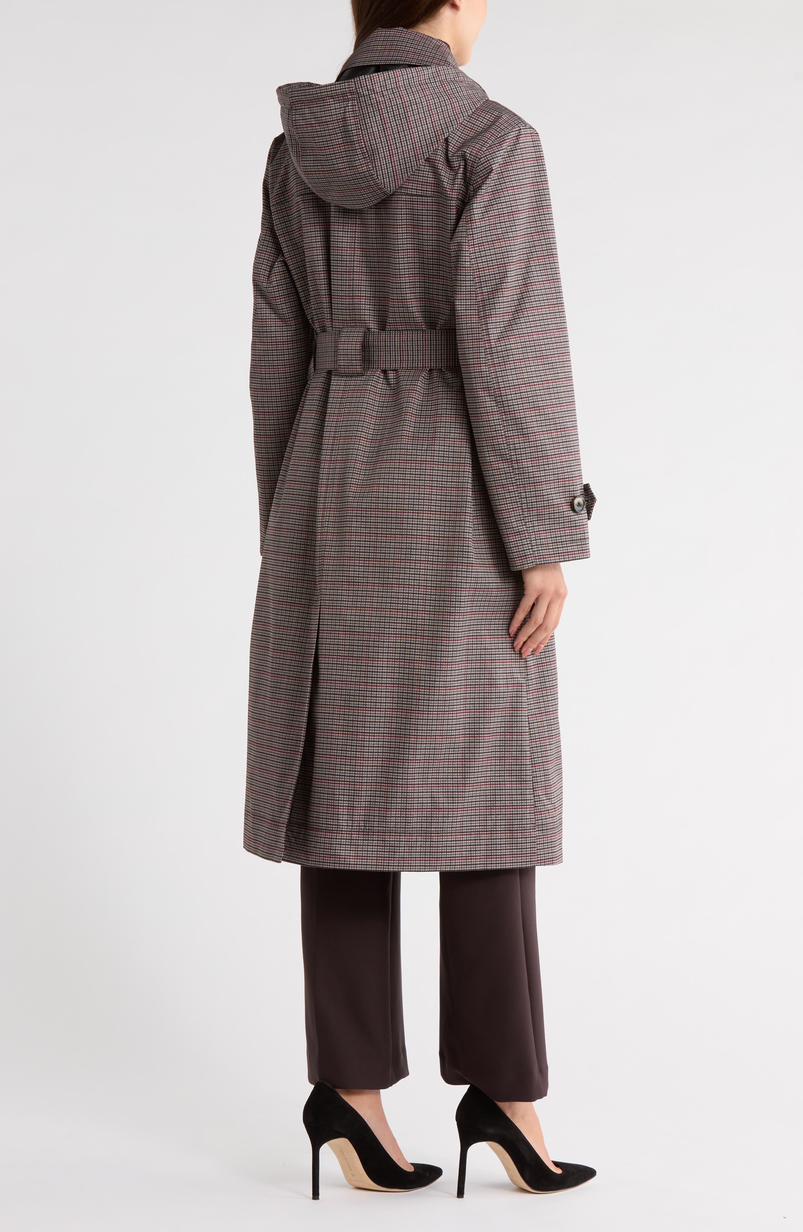 Bernardo Plaid Belted Hooded Long Raincoat | Nordstromrack