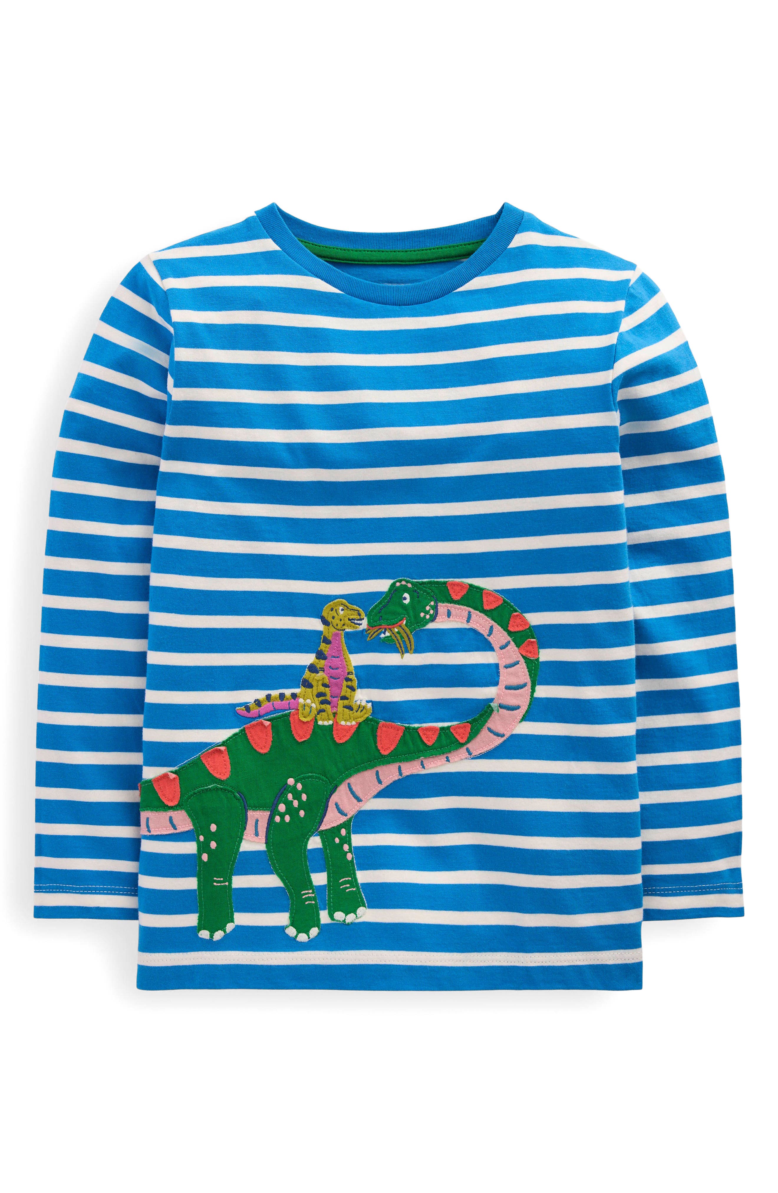Mini Boden Kids' Dinosaur Appliqué Stripe Long Sleeve Cotton T-Shirt ...