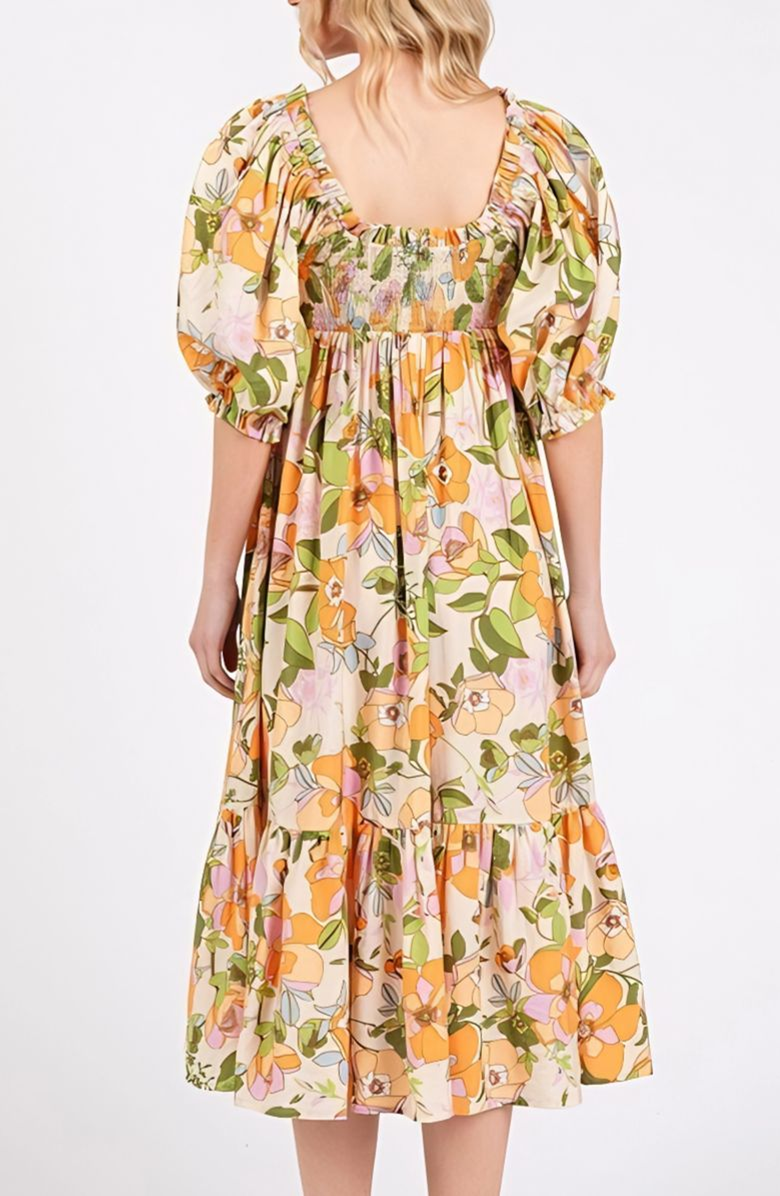 Knit and Lounge Smocked Floral Puff Sleeve Tiered Midi Dress | Nordstrom