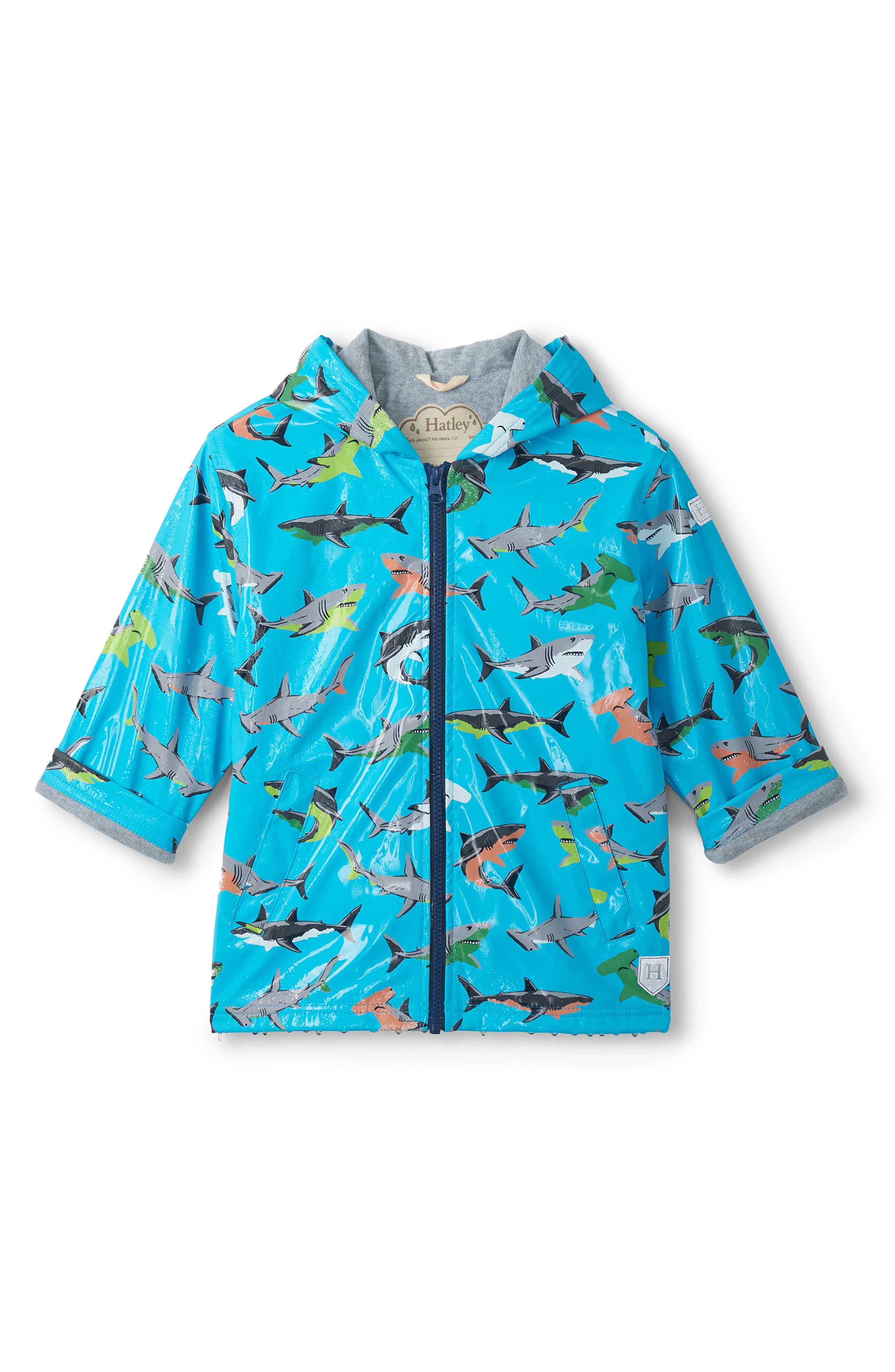 Hatley Kids' Shark Party Color Changing Waterproof Hooded Raincoat ...