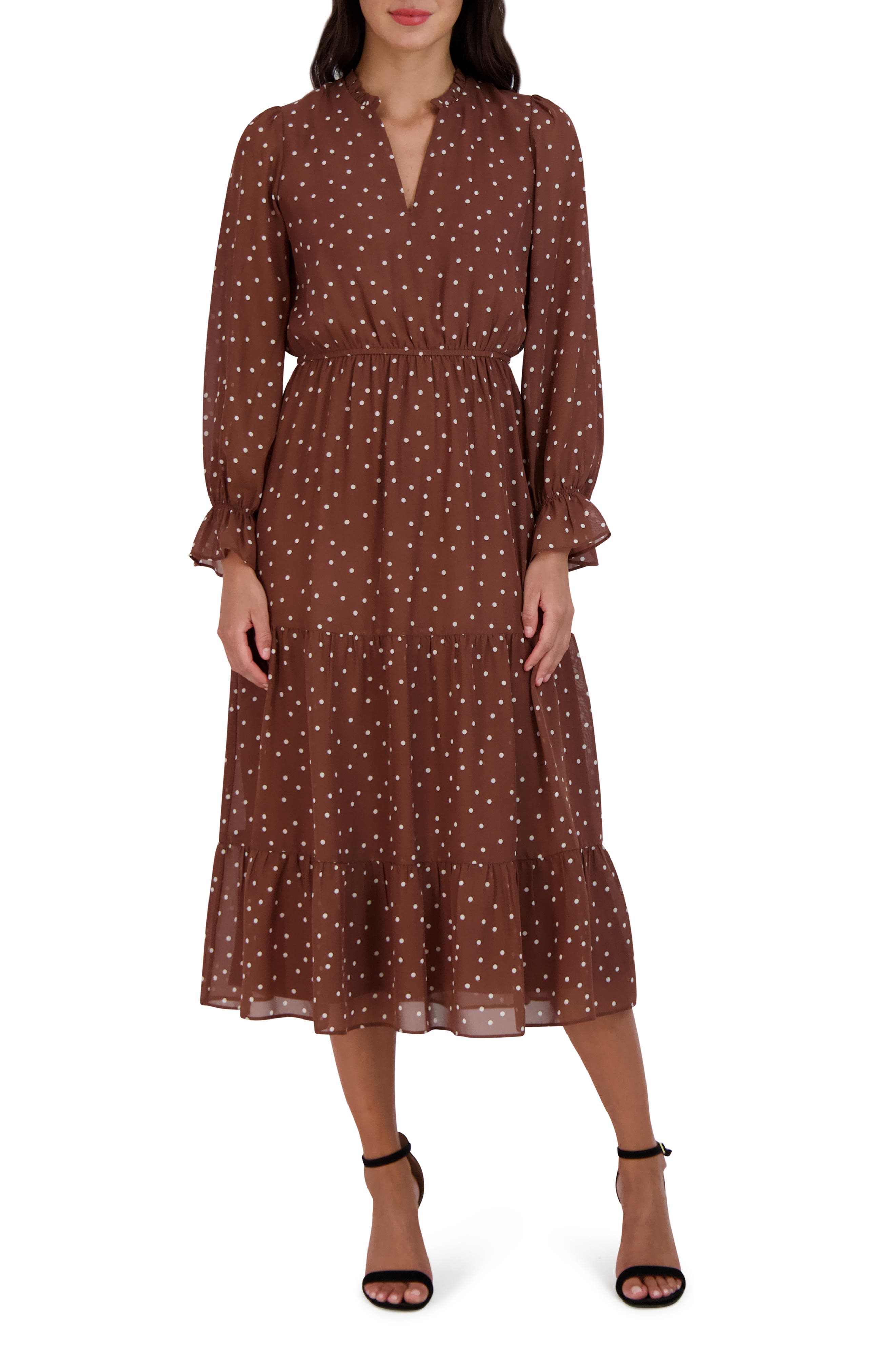 SANDRA DARREN Ruffle Neck Polka Dot Long Sleeve Tiered Dress ...