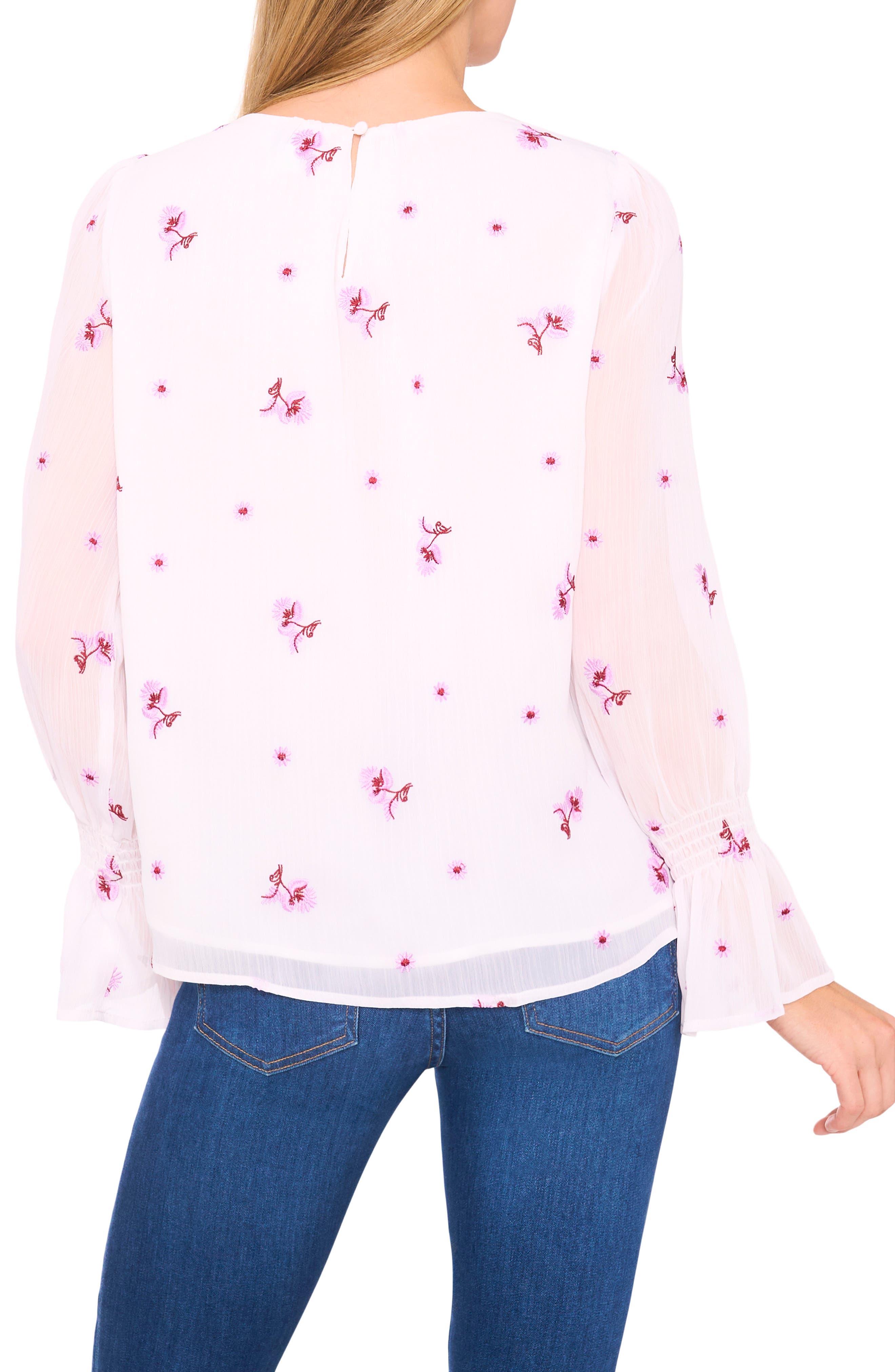 CeCe Embroidered Floral Long Sleeve Ruffle Cuff Georgette Top ...