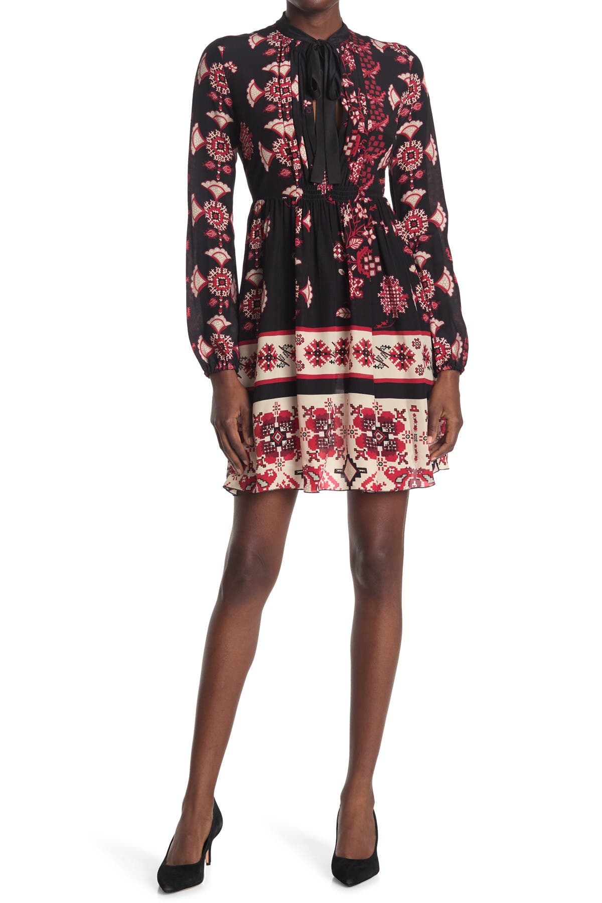 RED Valentino Floral Print Tie Neck Silk Dress | Nordstromrack