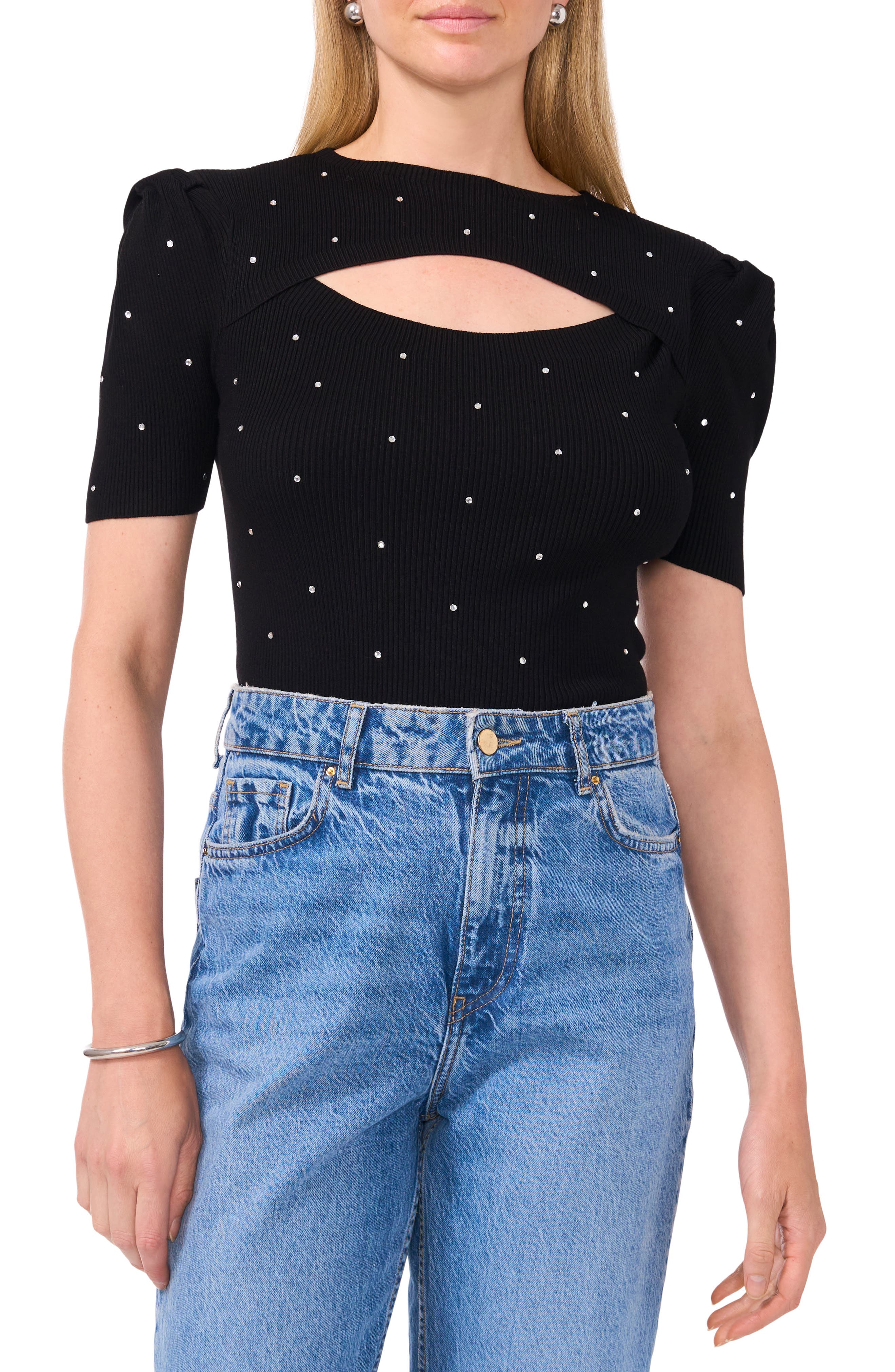 1.STATE Rhinestone Cutout Short Sleeve Sweater | Nordstromrack