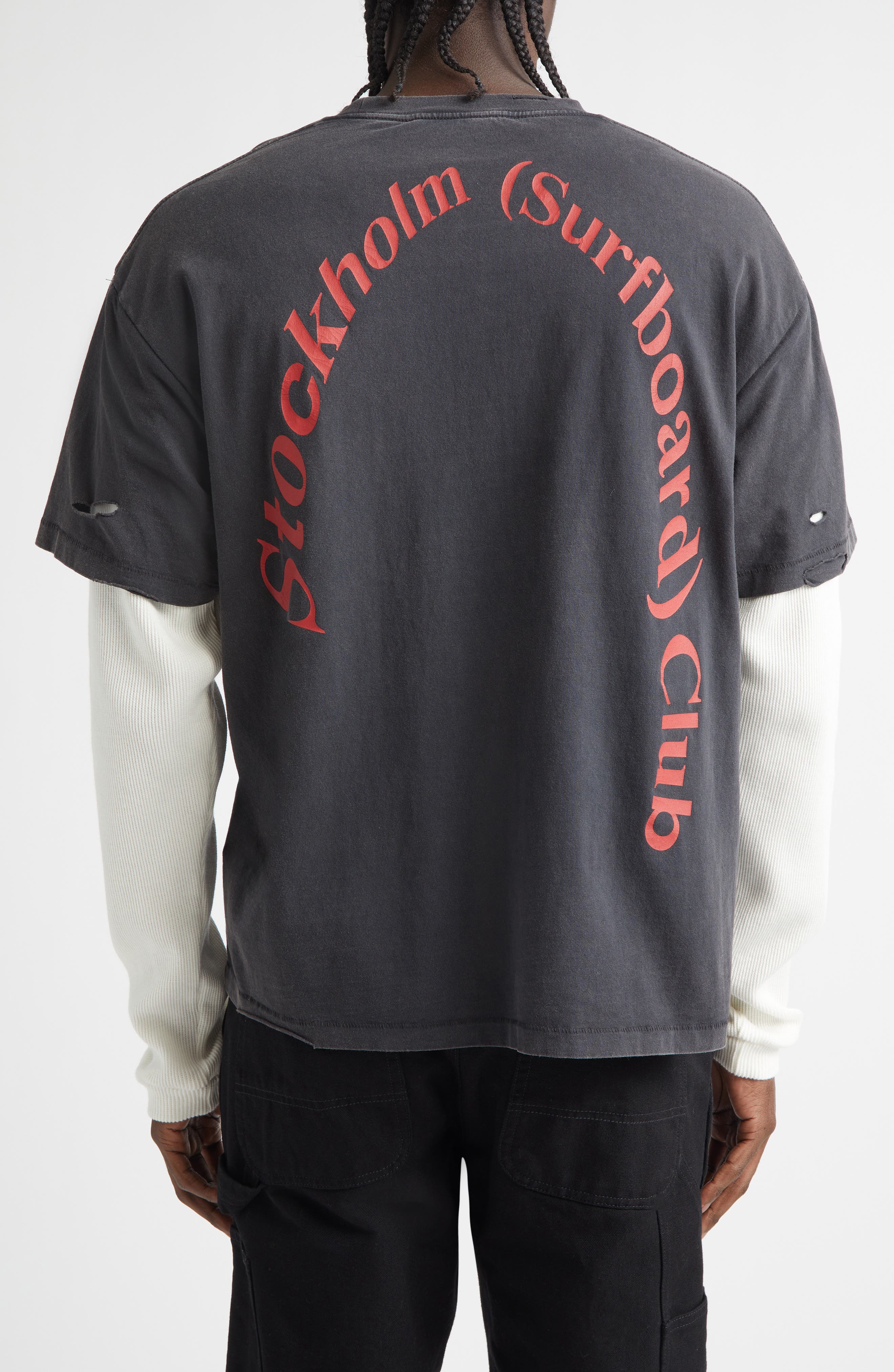 STOCKHOLM SURFBOARD CLUB Box Fit Distressed Layered Recycled Cotton T ...