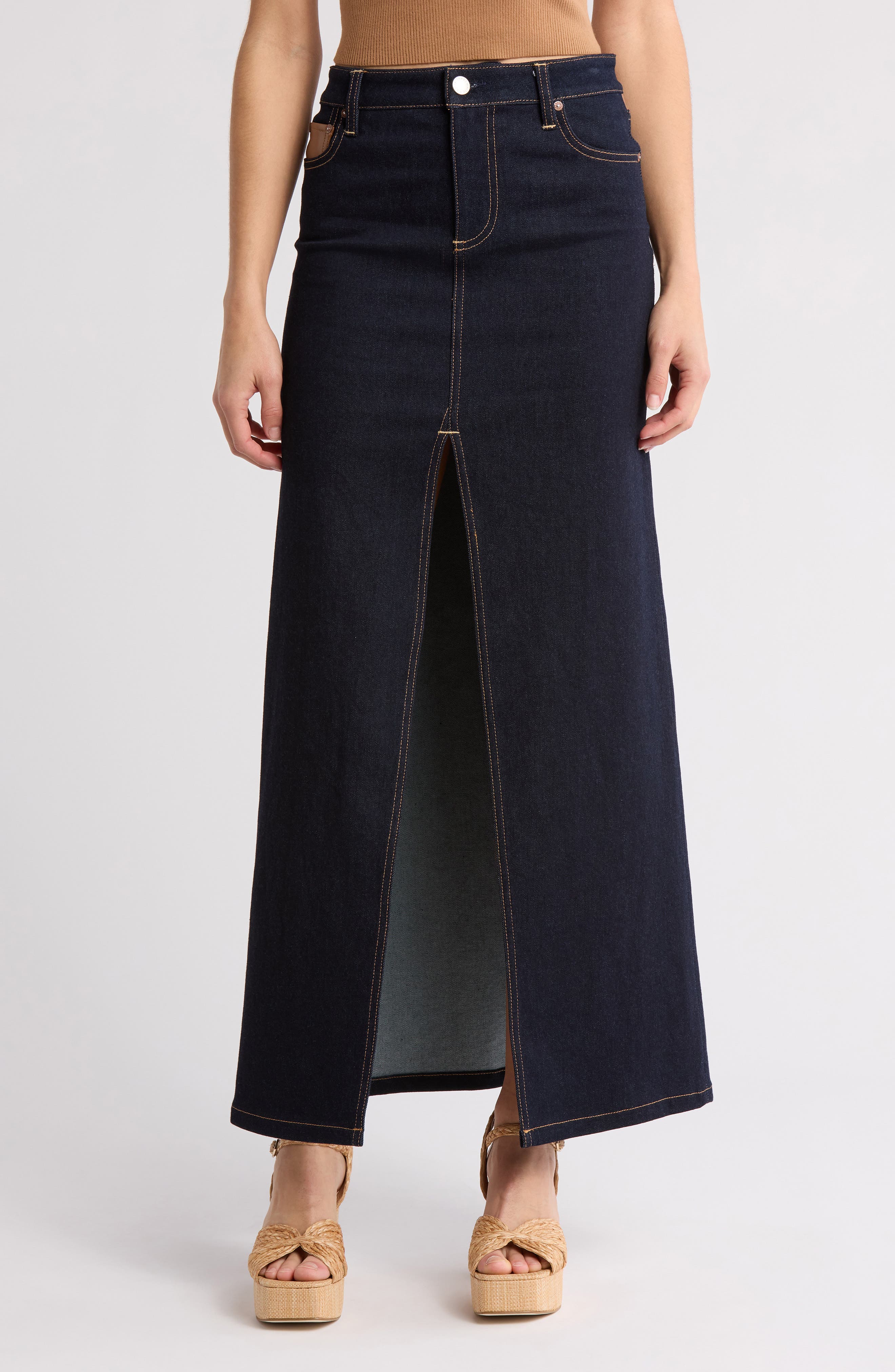 Alice + Olivia Rye High Waist Faux Leather & Denim Maxi Skirt ...