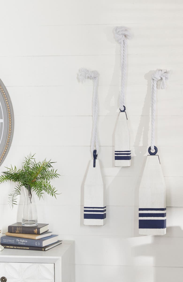 WILLOW ROW White Wood Handmade Buoy Sculpture with Rope Accent - Set of ...