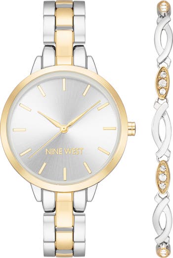 Nine West Two-Tone Quartz Bracelet Watch & Chain Bracelet Set, 35mm ...