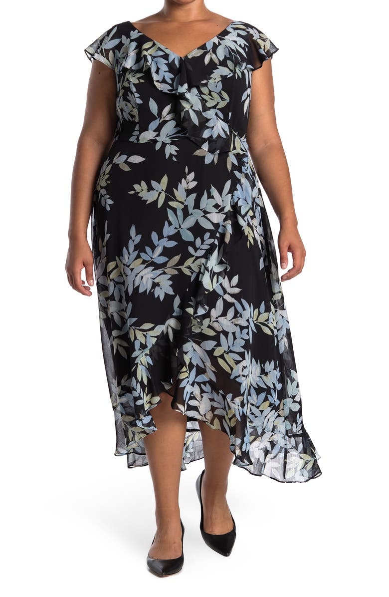 London Times Floating Leaves Short Sleeve Ruffle Hem Maxi Dress ...