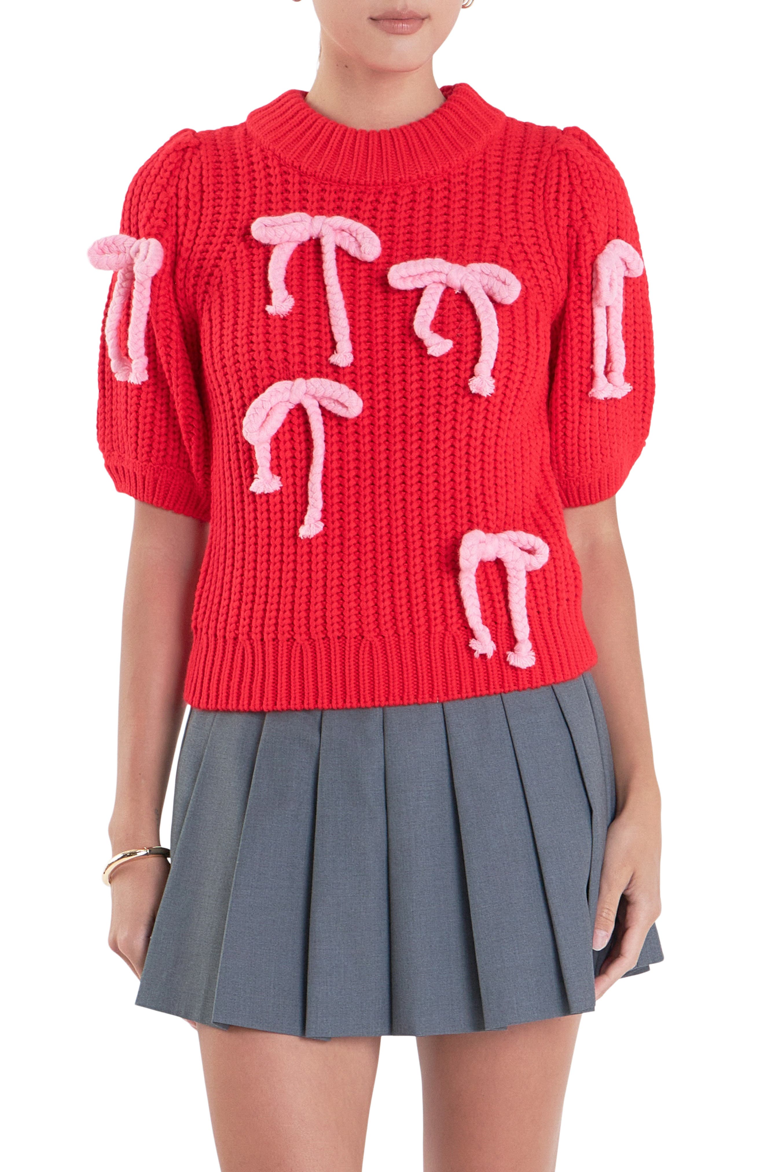English Factory Bow Embellished Puff Sleeve Sweater | Nordstrom
