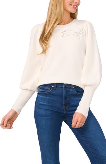CeCe Sequin Floral Appliqué Sweater | Nordstrom