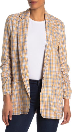 MAX STUDIO Plaid Linen Blend Ruched Sleeve Blazer | Nordstromrack