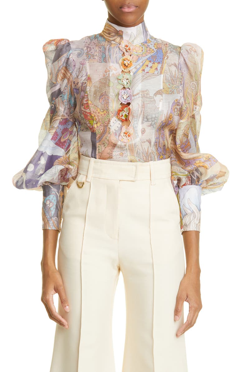 Zimmermann Zodiac Print Puff Sleeve Linen & Silk Blouse | Nordstrom
