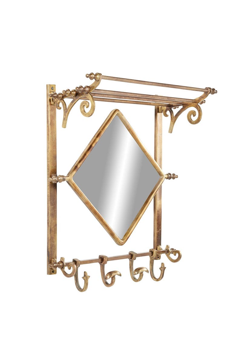 WILLOW ROW Brass Bathroom Wall Rack with Hooks & Diamond-Shaped Mirror ...