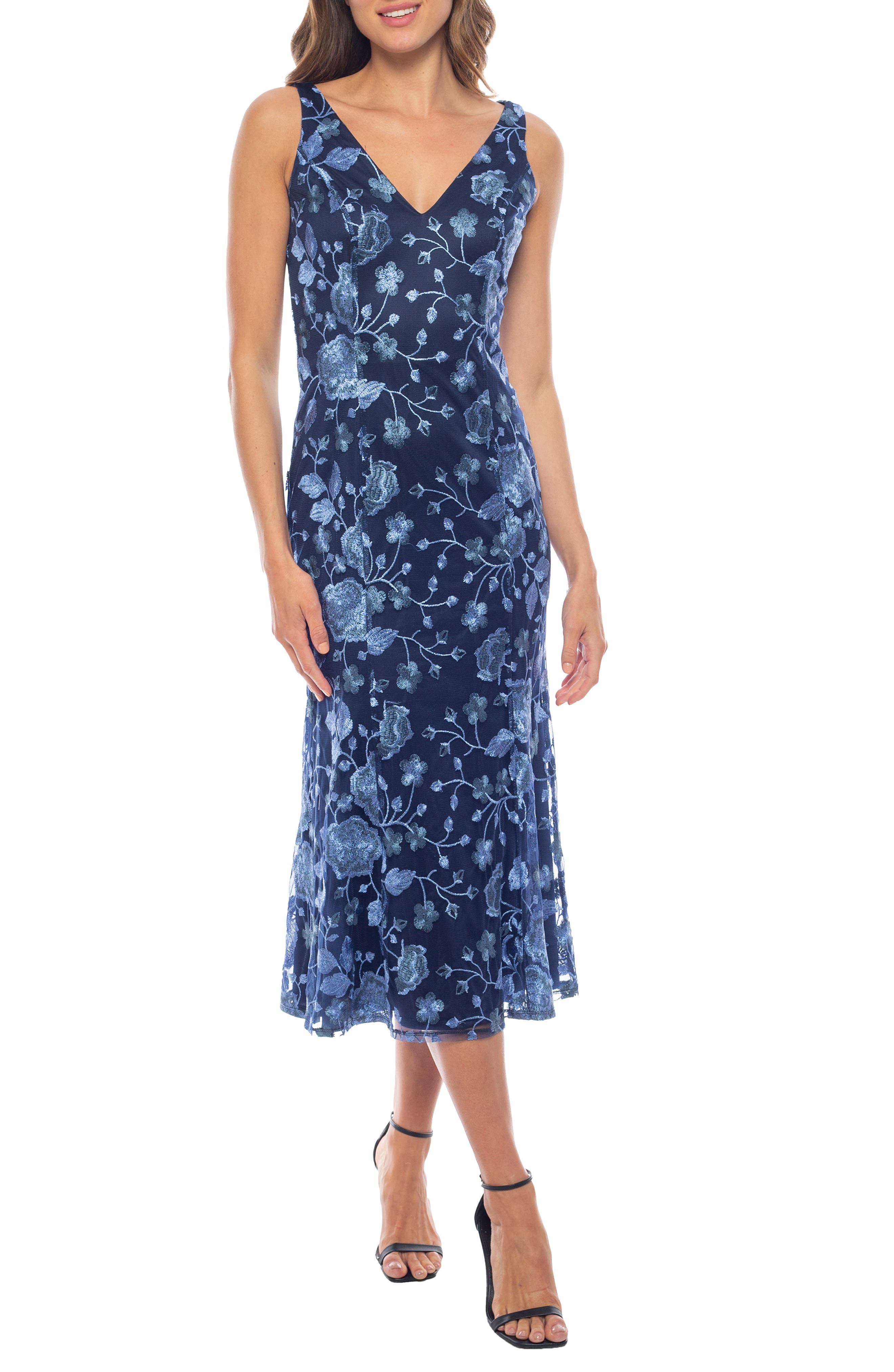 Marina Floral Embroidered V-Neck Midi Dress | Nordstromrack