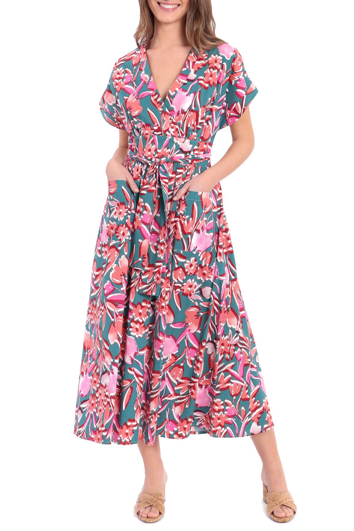 Donna Morgan Printed V-Neck Waist Tie Midi Dress | Nordstromrack