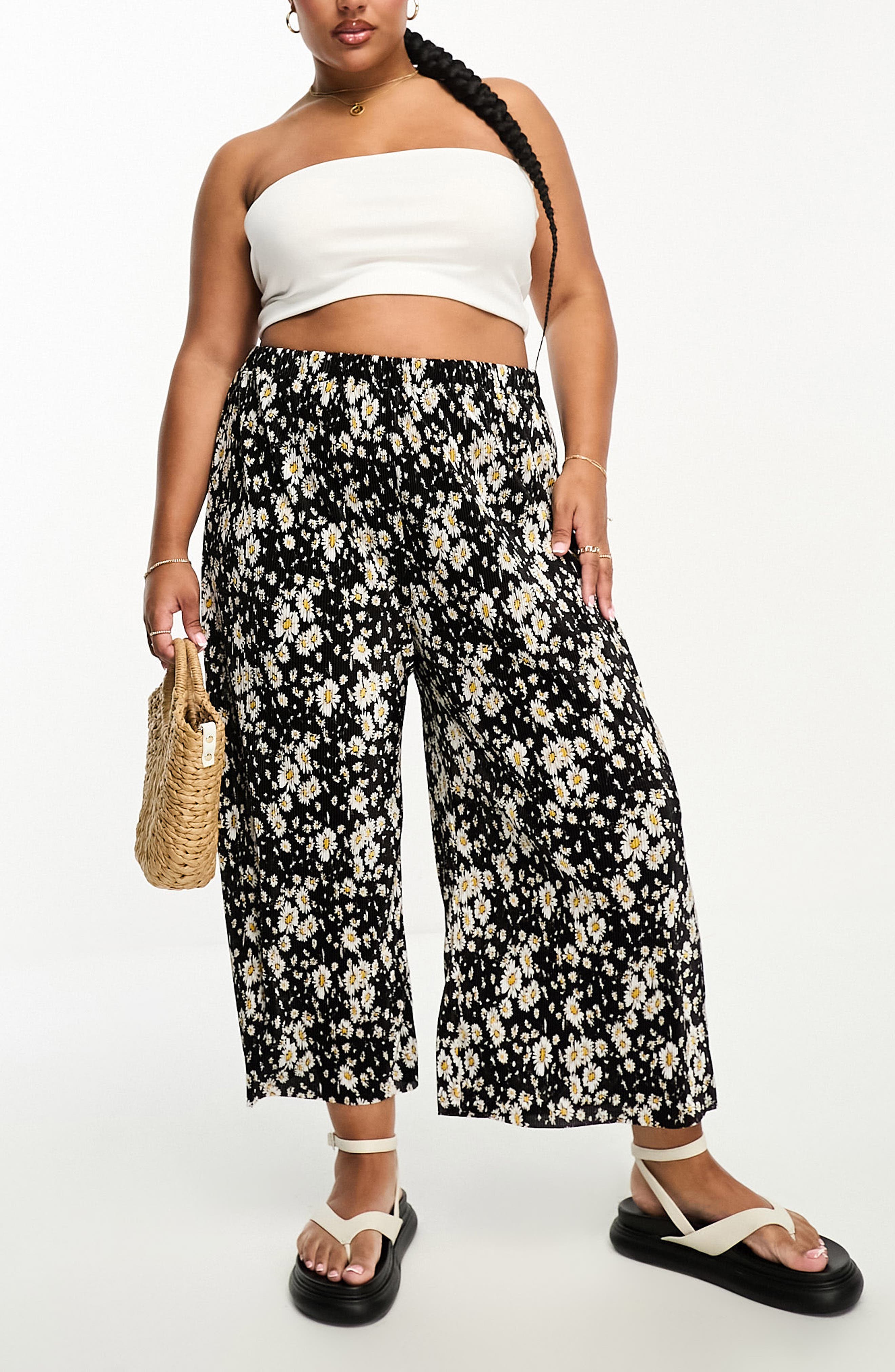 ASOS DESIGN Curve Floral Plissé Wide Leg Pants | Nordstromrack