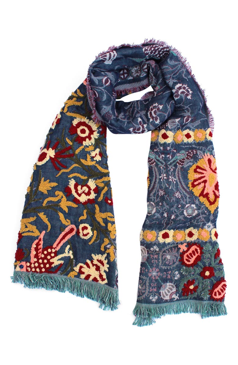Vismaya Embroidered Cotton & Wool Fringe Scarf | Nordstromrack