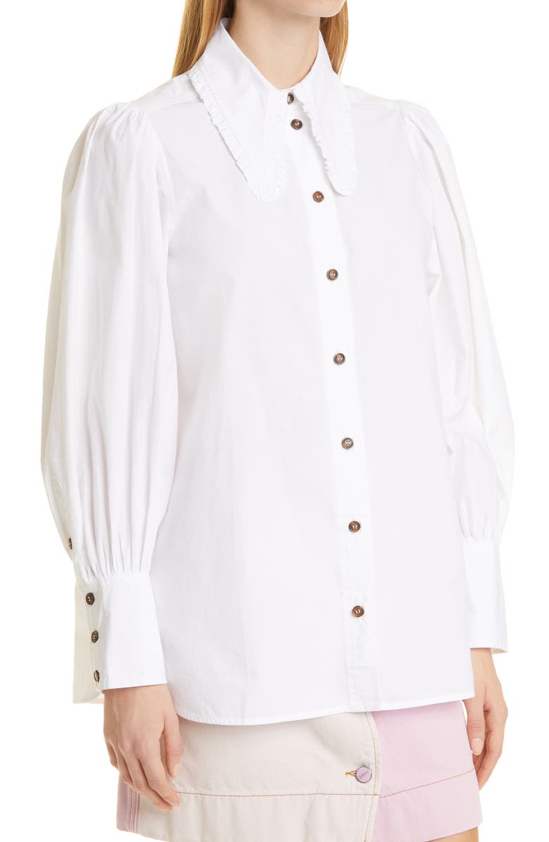 Ganni Frill Collar Puff Sleeve Organic Cotton Poplin Shirt | Nordstrom