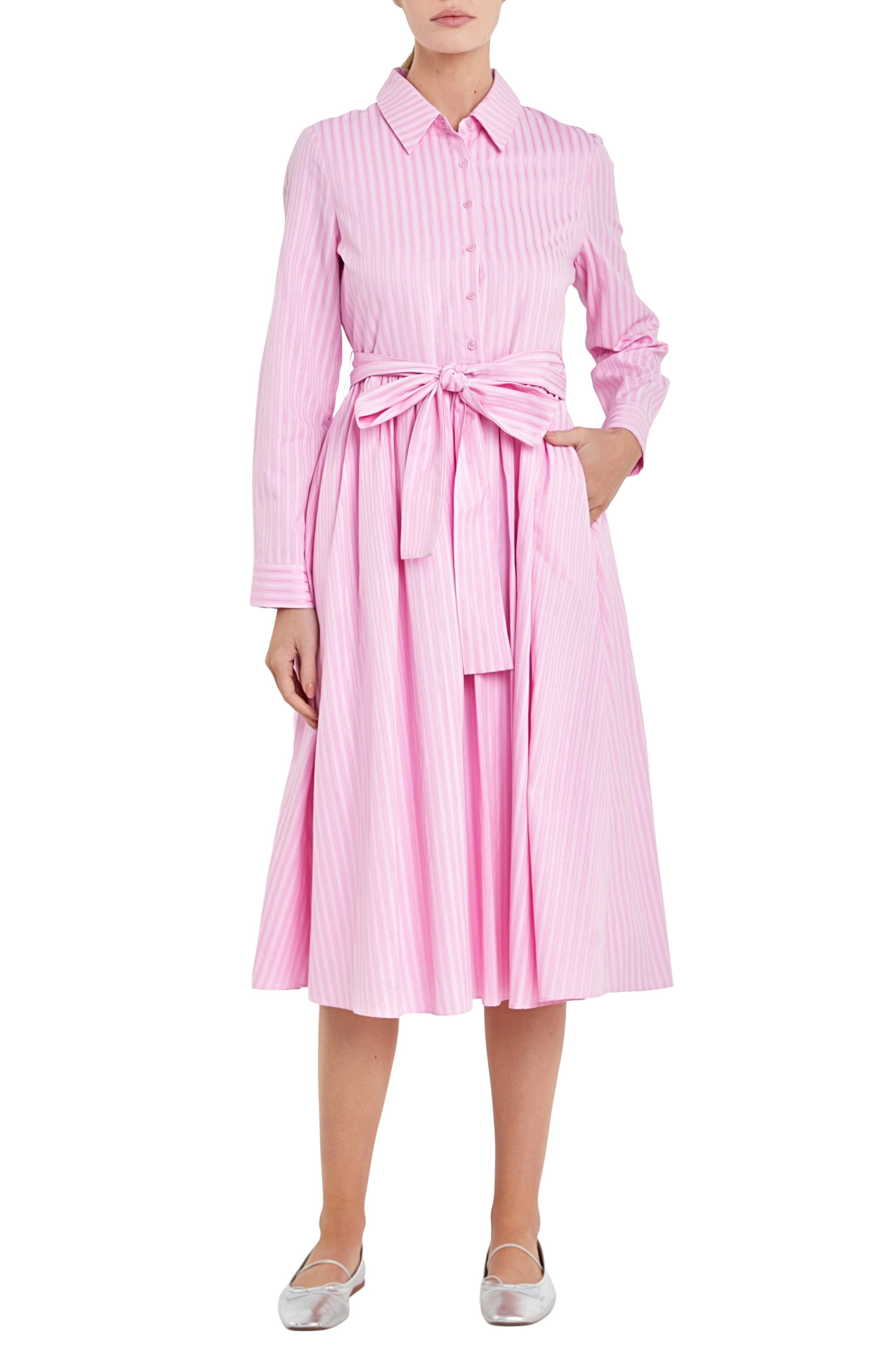 English Factory Stripe Long Sleeve Tie Belt Midi Shirtdress | Nordstromrack