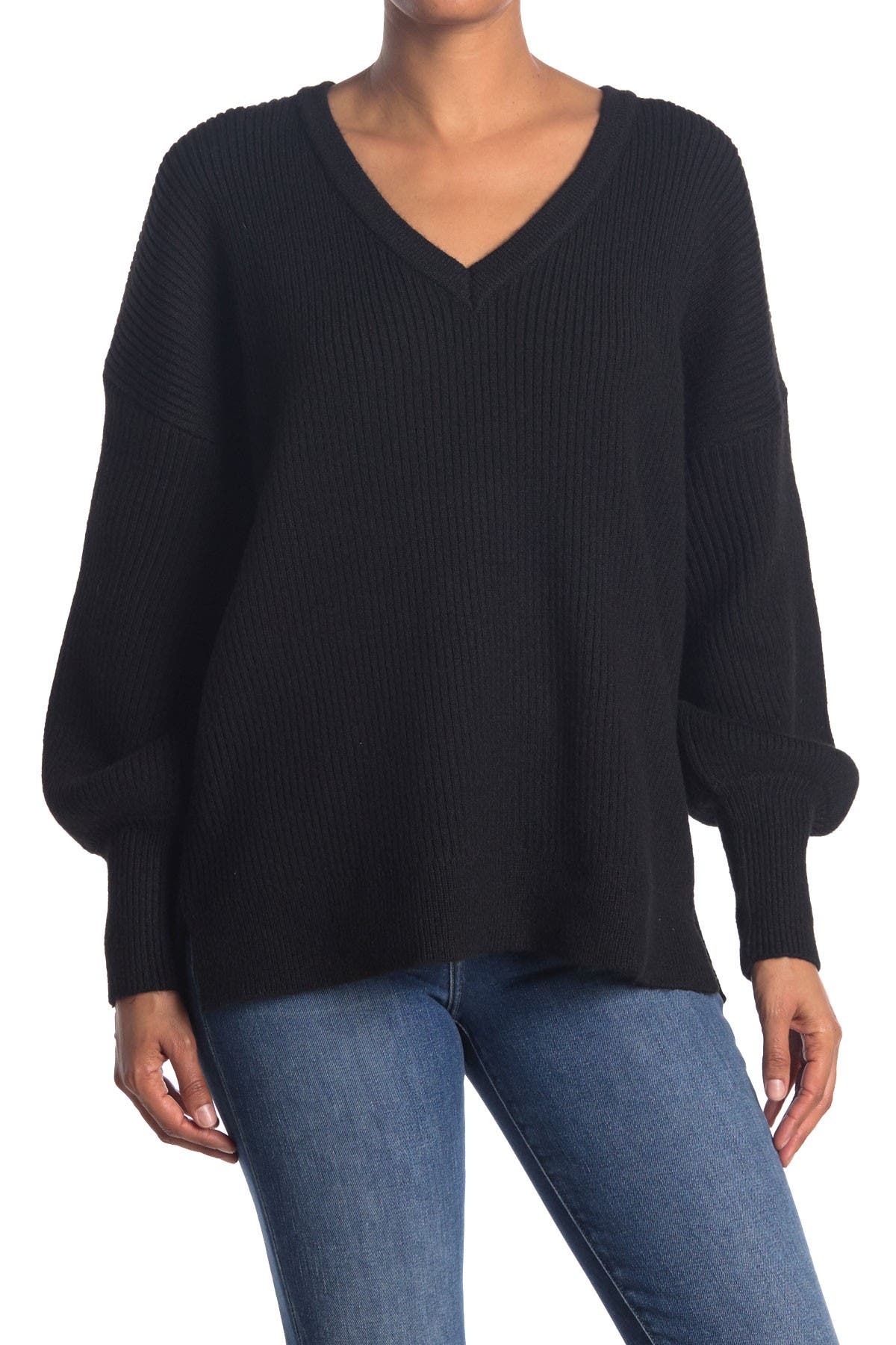 THEO AND SPENCE Drama Sleeve Rib V-Neck Sweater | Nordstromrack