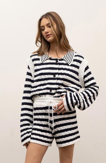 MOON RIVER Stripe Cable Cardigan Sweater | Nordstrom