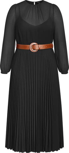City Chic Pleated Belted Long Sleeve A-Line Midi Dress | Nordstrom