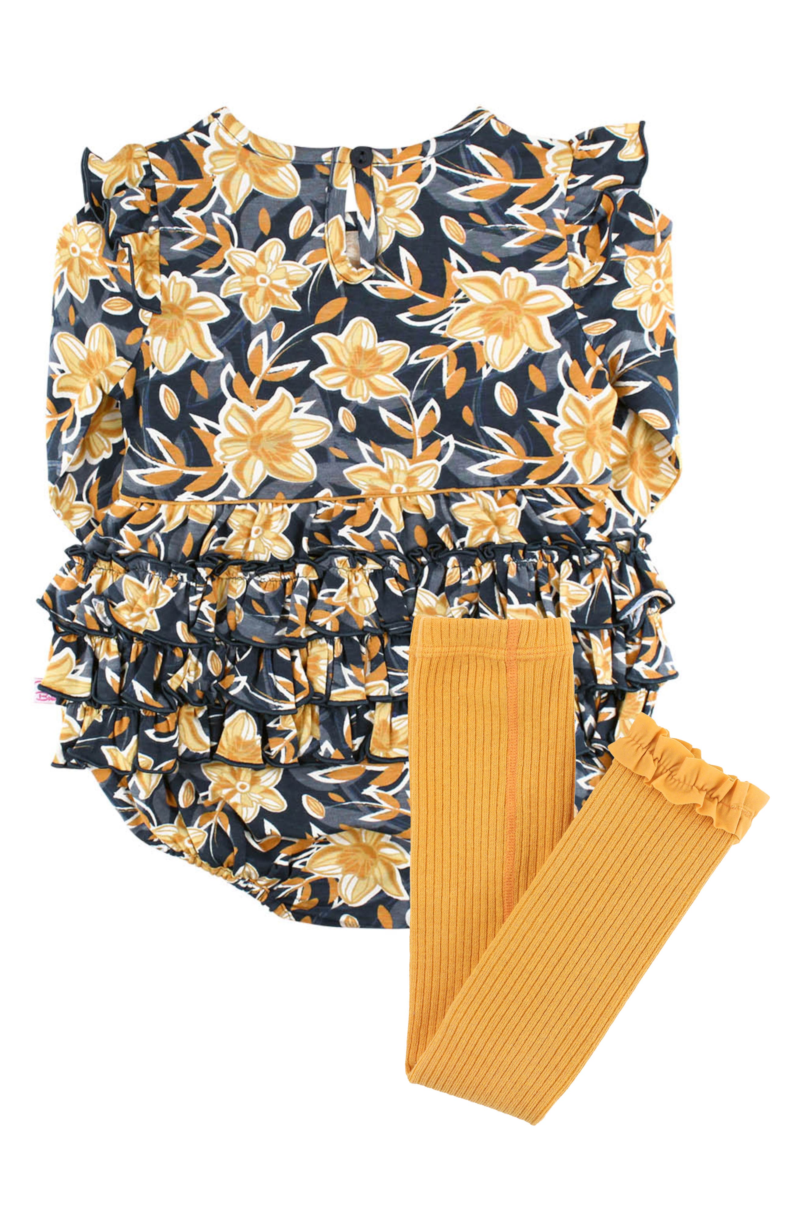 RuffleButts Fields of Gold Floral Stretch Cotton Bubble Romper & Tights ...