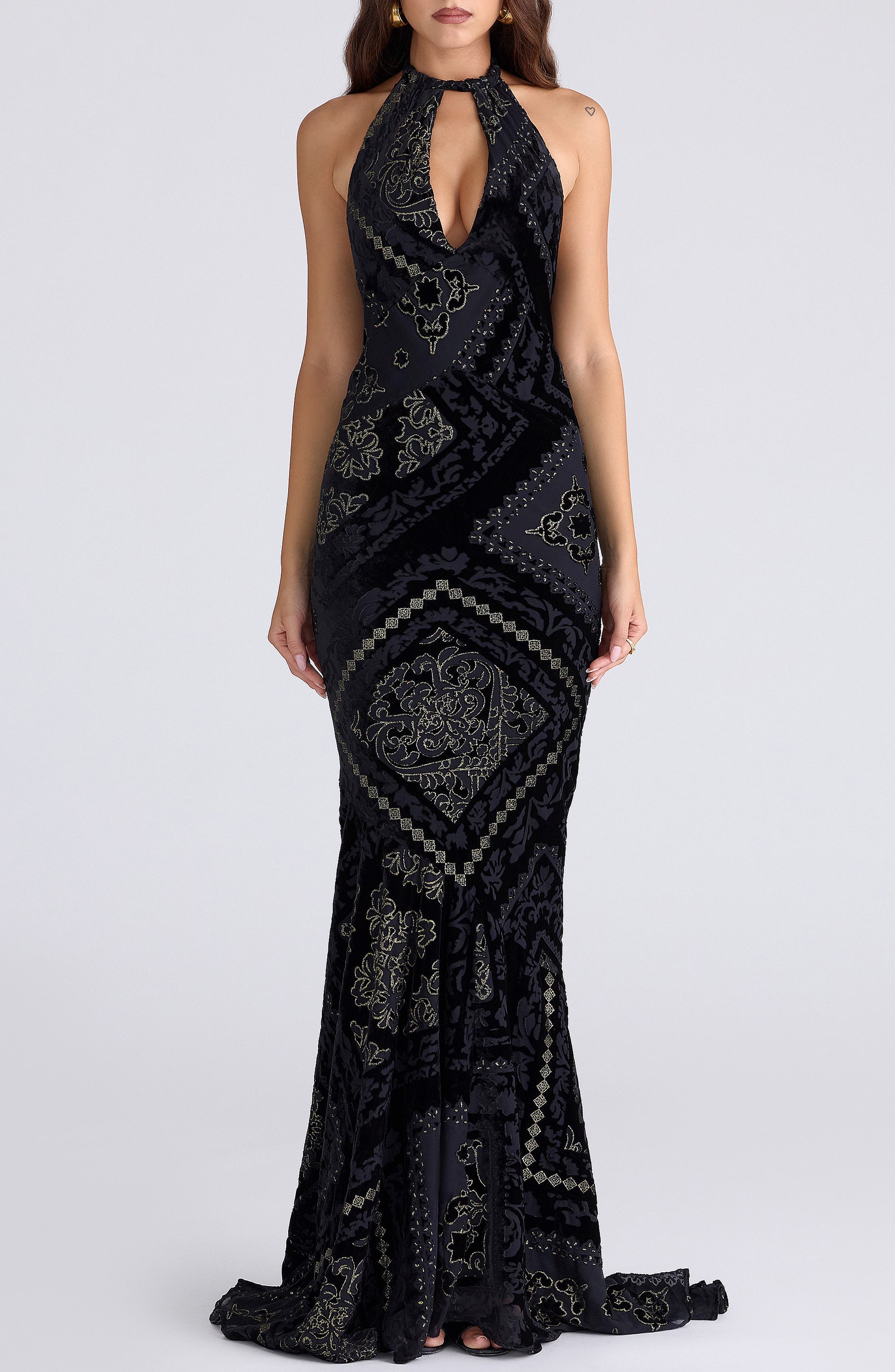 HOUSE OF CB Oliviana Cutout Foil Devoré Halter Gown | Nordstrom