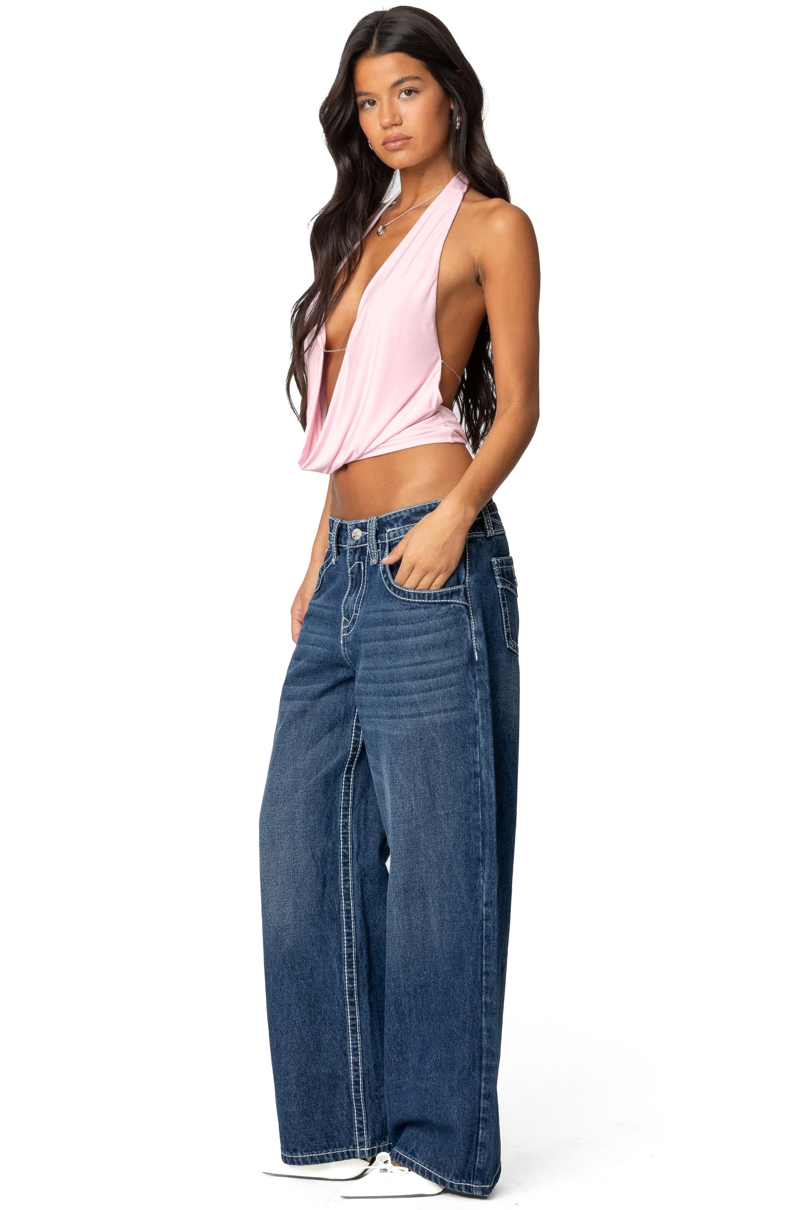 EDIKTED Contrast Stitch Low Rise Wide Leg Jeans | Nordstrom
