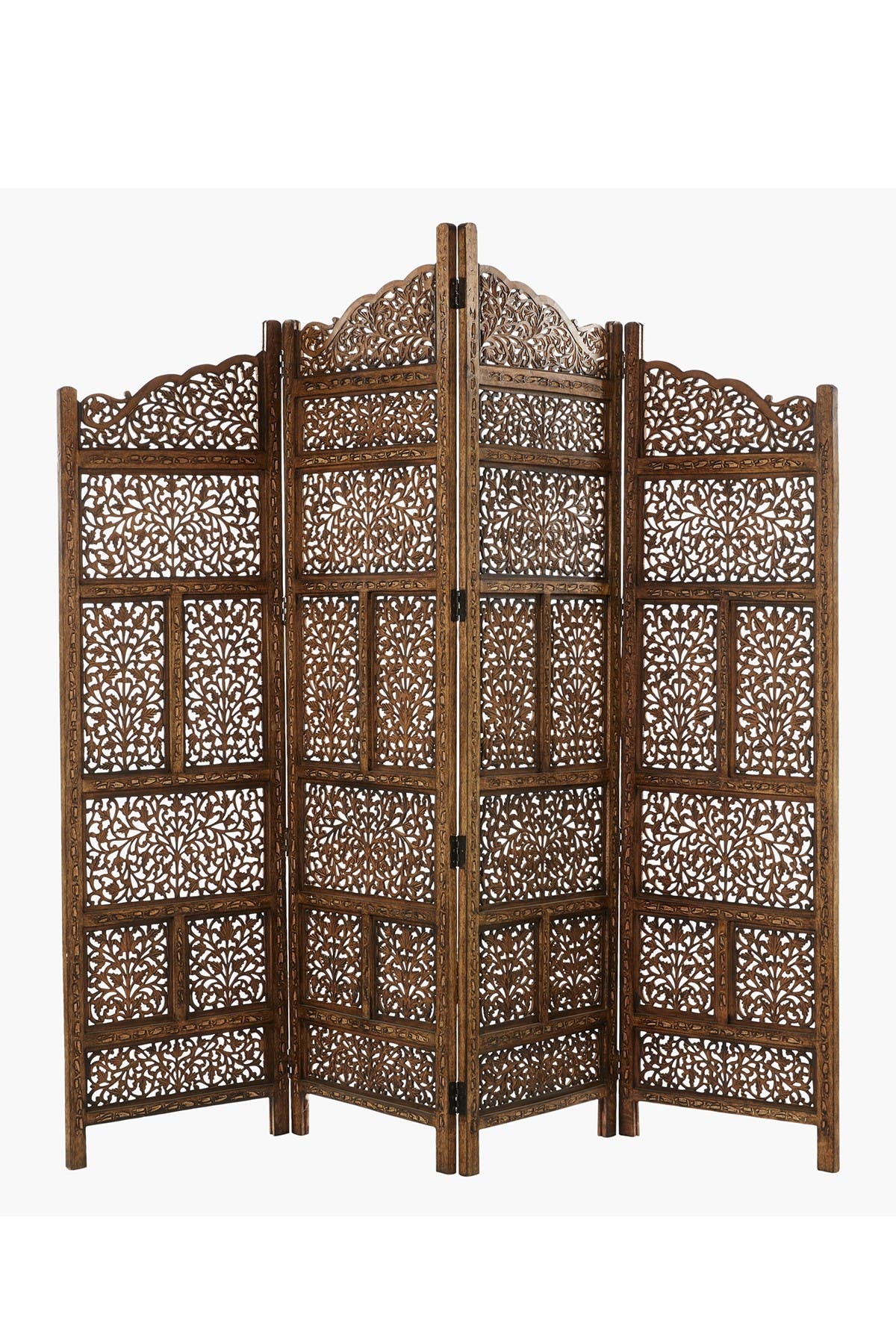 WILLOW ROW Brown Wood Handmade Foldable Arched 4 Panel Floral Room ...