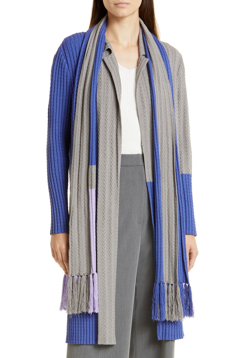 Misook Colorblock Knit Open Cardigan & Fringe Scarf Set | Nordstrom