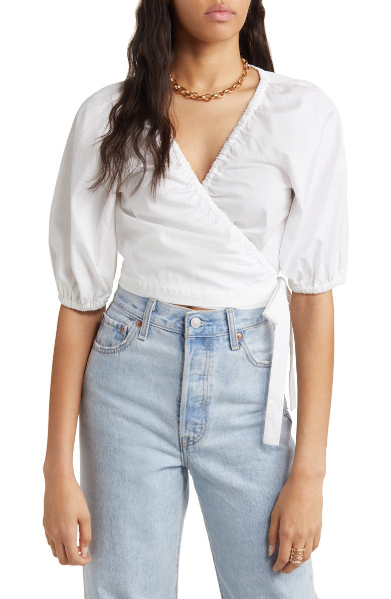 Open Edit Puff Sleeve Cotton Poplin Wrap Blouse | Nordstromrack